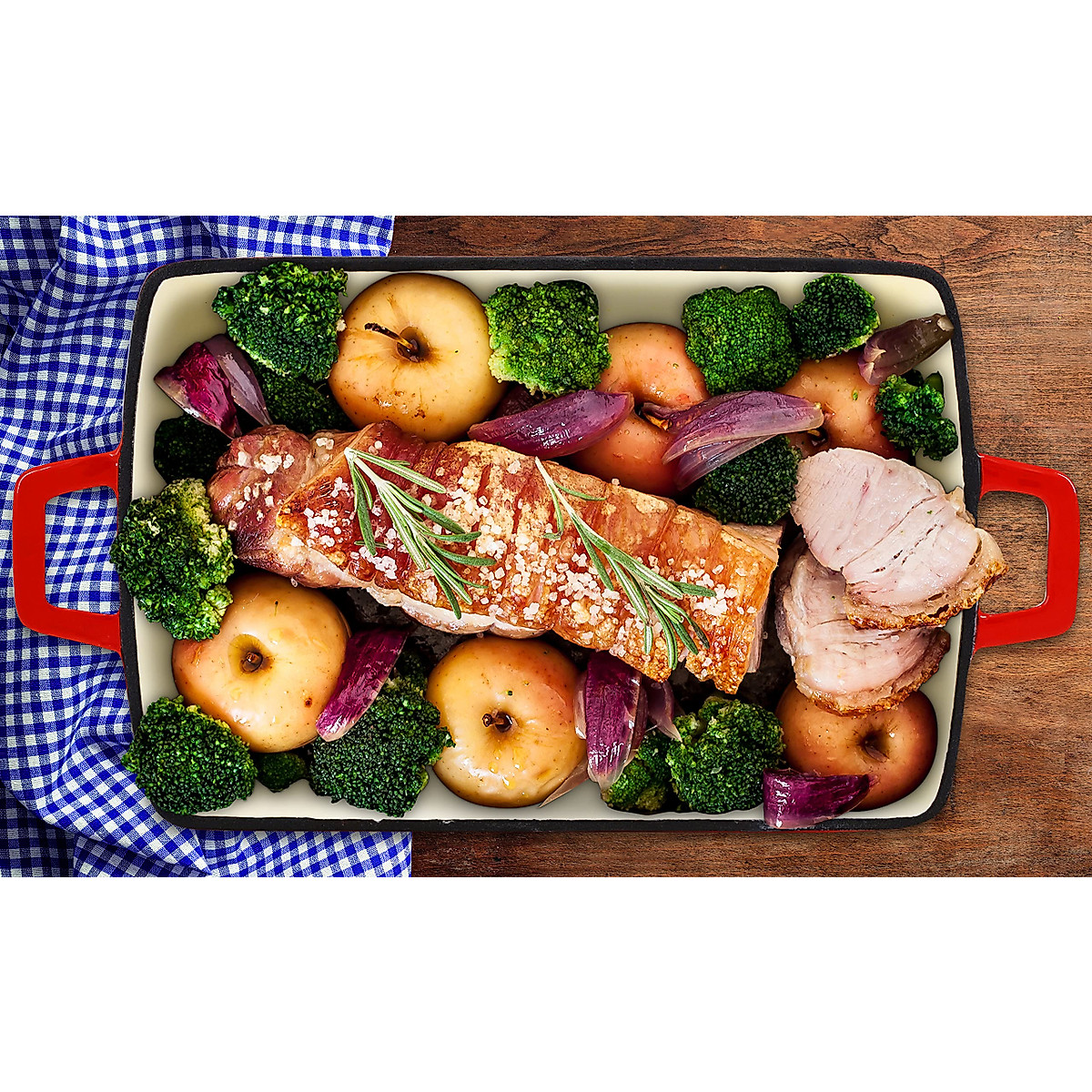 Eternal Living Enameled 13" Cast Iron Baking Pan Rectangular Lasagna Dish Large Roasting Pan Red