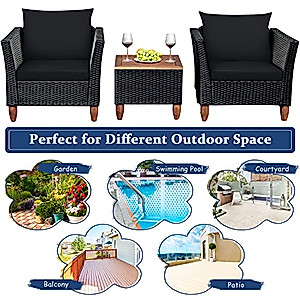 Tangkula 3 Piece Patio Furniture Set, Patiojoy Outdoor Wicker Rattan Bistro Sofa Set w/Washable Cushion, Acacia Wood Top Coffee Table, Conversation Set w/Adjustable Feet for Balcony Backyard Porch