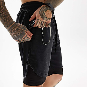 JWJ Men's 2 in 1 Workout Running Shorts 7 Inch Lightweight Athletic Gym Shorts with Compression Liner Black L