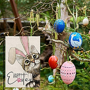 CROWNED BEAUTY Happy Easter Garden Flag 12×18 Inch Double Sided Cat with Rabbit Ear Outside Vertical Holiday Yard Flag