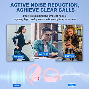 LASUNEY Wireless Earbuds, 35H Playtime Bluetooth Headphones with Mics and Charging Case for iPhone Android, Waterproof Running Headphones for Gym Workout, Hi-Fi Sound Over Ear Buds with Earhooks-Pink