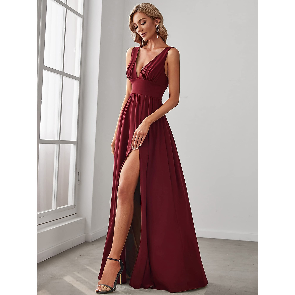 Ever-Pretty Women's Bridesmaid Dresses Deep V-Neck Sleeveless Side Slit Floor Length Wedding Guest Dress Burgundy US6