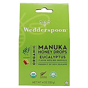 Wedderspoon Organic Manuka Honey Drops, Eucalyptus & Bee Propolis, 20 Count (4oz) (Pack of 1)| Genuine New Zealand Honey | Perfect Remedy For Dry Throats