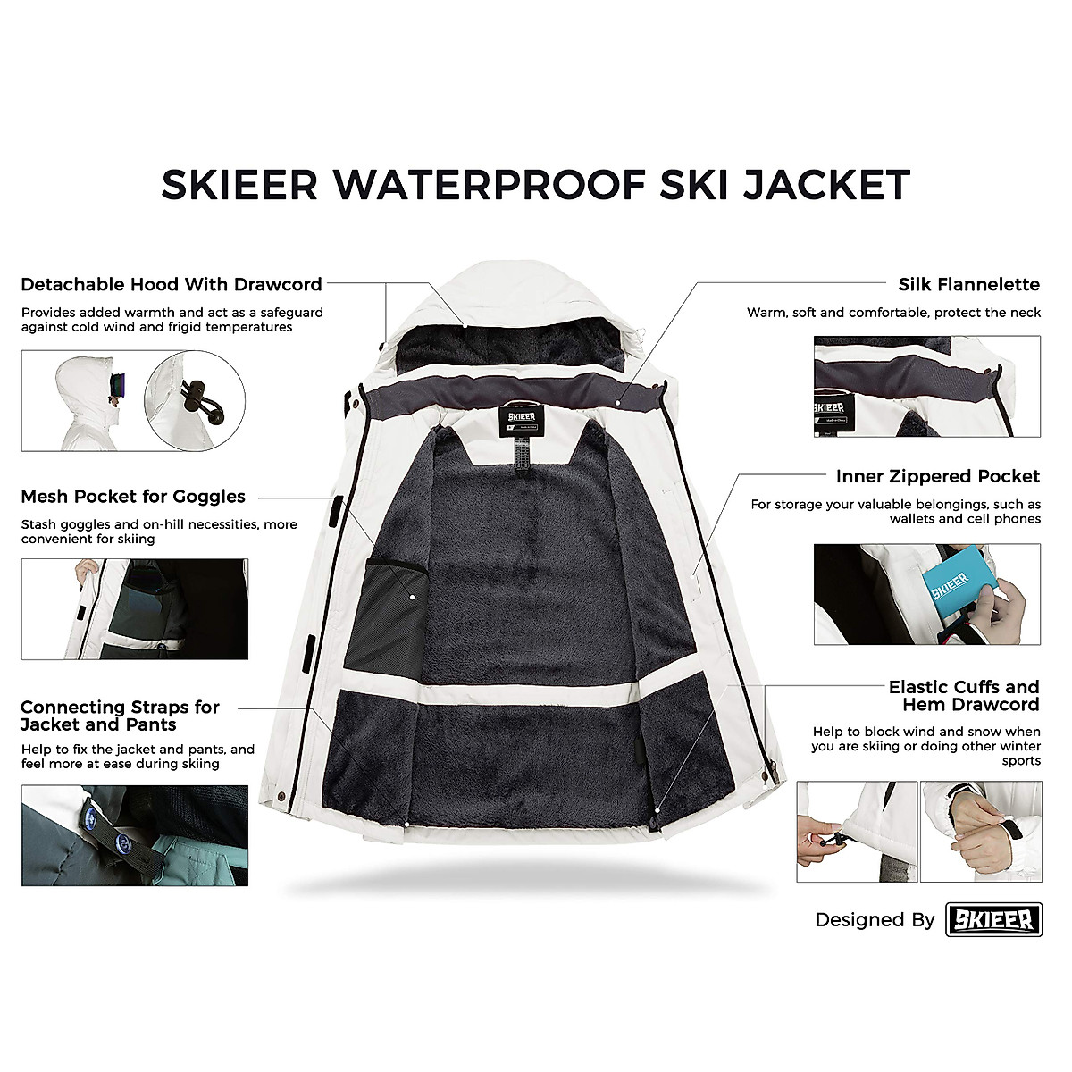 Skieer Women's Waterproof Ski Jacket Winter Parka with Detachable Hood White M