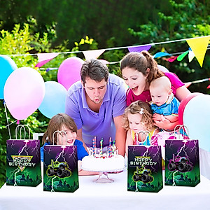 CHUNNIN 12Pcs Green Purple Monster Truck Party Paper Bags Monster Truck Birthday Gift Bags Supplies Racing Truck Theme Party Bags Monster Truck Party Candy Treat Bags for Kids Birthday Party Favor