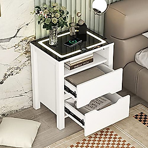 Modern Nightstands with Wireless Charging and Adjustable LED, Wooden End Side Table with 2 Storage Drawers and Open Shelf, Bedside Table for Bedroom Living Room Office, White