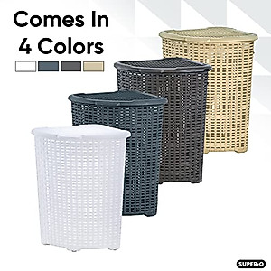 Superio Corner Laundry Hamper Basket With Lid 50 Liter, Beige Wicker Hamper - Durable, Lightweight Bin With Cutout Handles, Storage Dirty Cloths, Space Saver Curved Shape Design
