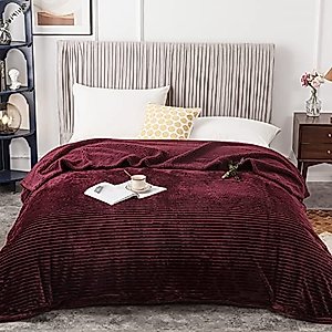 DaysU Striped Fleece Blanket, Soft Cozy Reversible Flannel Sherpa Throw Blanket for Couch, Thick Warm Fluffy Fuzzy Plush Large Queen Size Blanket for Bed, 1 Pack, 86" x 94", Wine