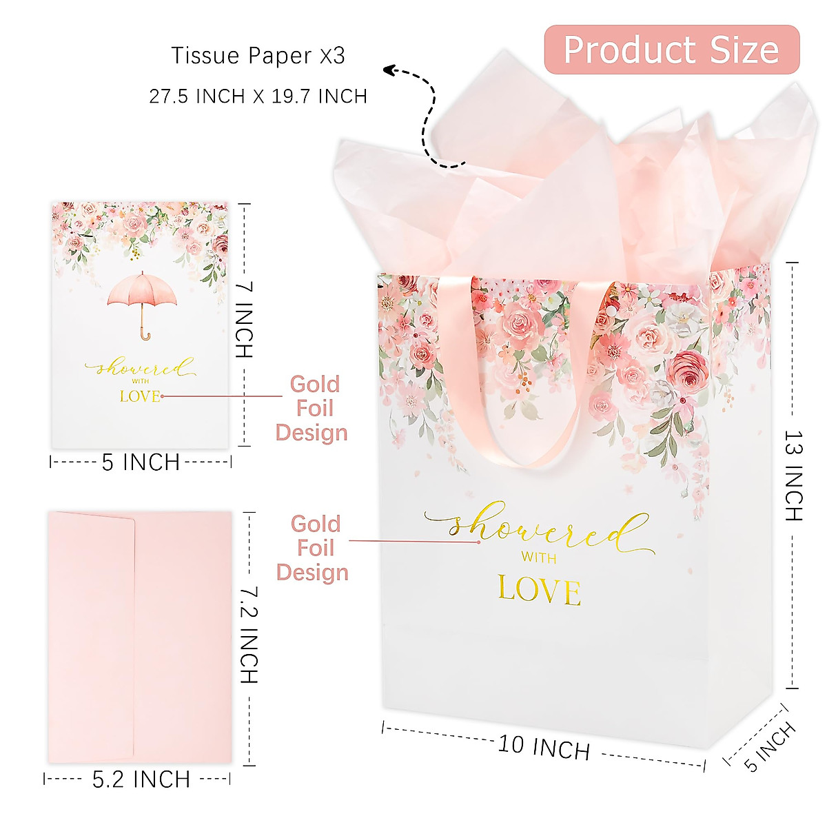 Crisky 13" Large Bridal Shower Bag with Bridal Shower Card Flower (Showered with Love) Gift Bag with Tissue Paper, Gift Card for Wedding, Bridal Shower, Engagement Party