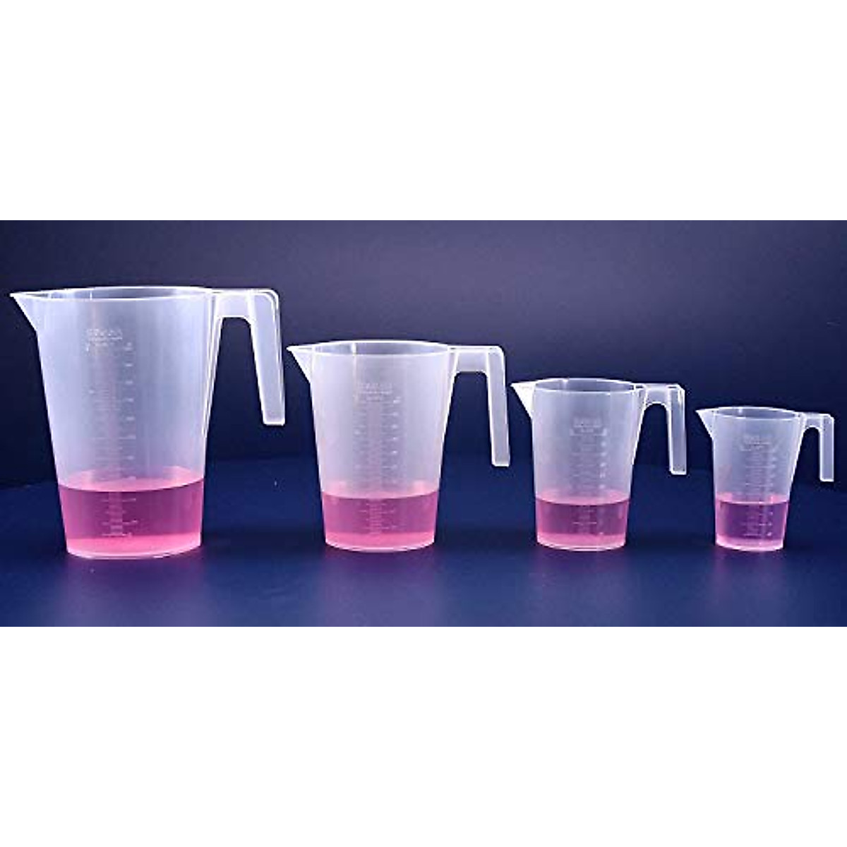 ISOLAB USA - 4 Pieces Premium Set of Laboratory Plastic Beaker With Handle, High Clarity, Polypropylene, Raised Graduations, Autoclavable, Lab Pitchers, (Beakers w/Handle, 4)
