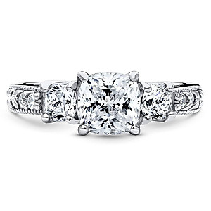 BERRICLE Sterling Silver 3-Stone Wedding Engagement Rings Cushion Cut Cubic Zirconia CZ Promise Ring for Women, Rhodium Plated Size 7.5
