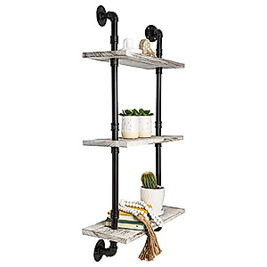 3-Tier Industrial Shelves – Wall-Mount, Farmhouse Shelves w/ Rustic Wood and Black Matte Pipe Brackets for Kitchen, Laundry Room, Living-Room and More – Decorative, Retro Bookshelf - Rustic White