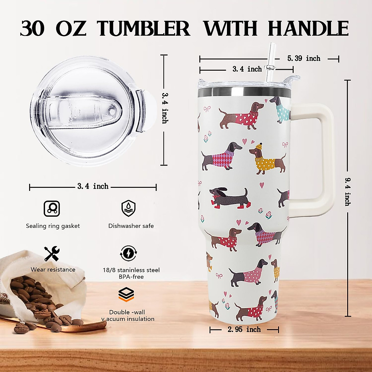 wmvhdiw 30 Oz Tumbler With Handle,Dachshund Coffee Travel Mug Cup Water Bottle, Dachshund Decor, Dog Gifts for Women