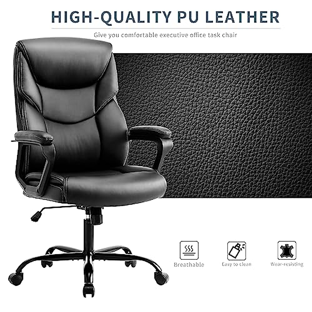 Sweetcrispy Office Chair - High Back Executive Leather Desk Chairs with Flip-up Arms (Fixed Armrest, Black)