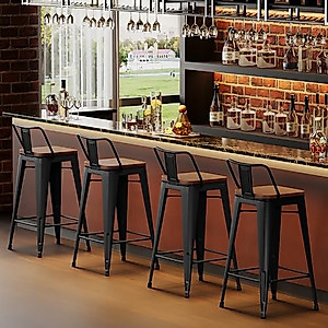 HAOBO Home 30" Low Back Barstools Metal Stool with Wooden Seat [Set of 4] Counter Height Bar Stools, Matte Black