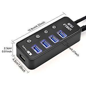 USB Hub 3.0 Powered, LYFNLOVE USB Extender 4-Port Data USB Hub with Power Adapter and 1 Smart Charging Port, USB Splitter with On/Off Switches for MacBook, Mac Pro/Mini, iMac, Surface Pro Laptop/PC