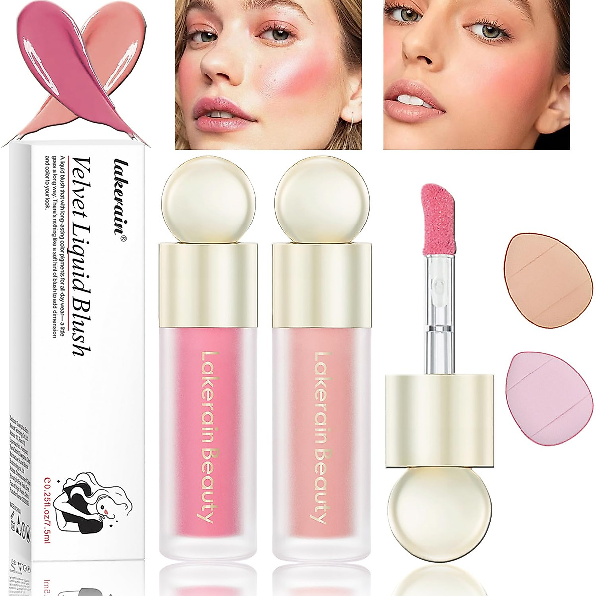 2 PCS Liquid Blush,Beauty Blush Makeup for Long-Lasting,Soft Velvet Liquid Blusher for Cheek,Beauty Blush Makeup for Long-Lasting,Waterproof,With 2 Fingertip Sponge Brush.