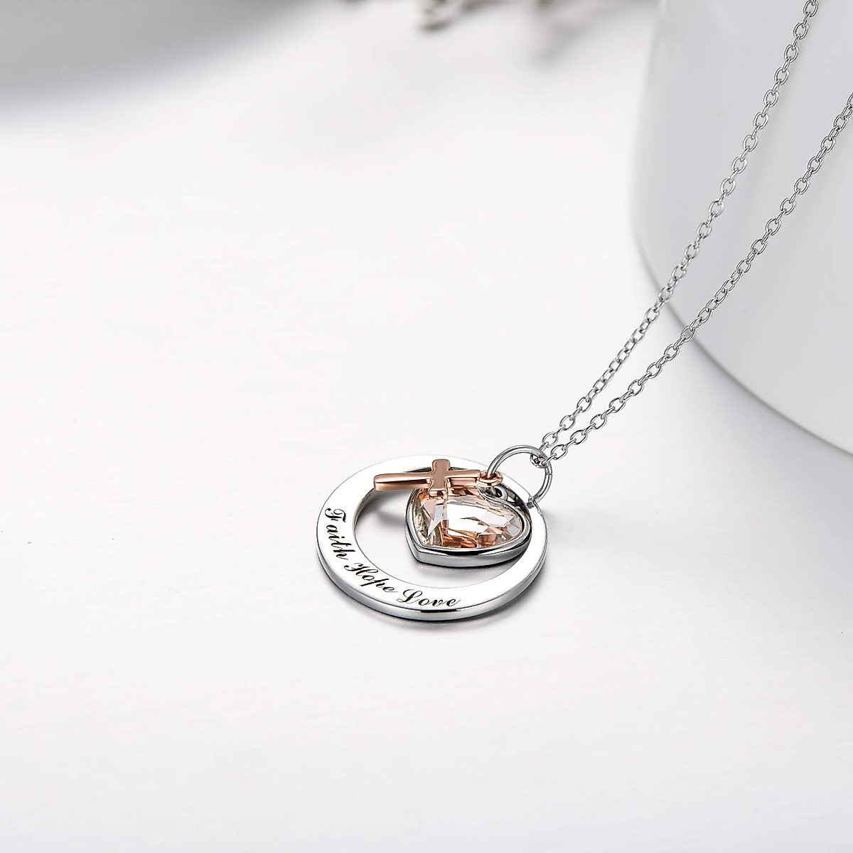 AOBOCO Two-Tone Sterling Silver and Rose Gold-Faith Hope Love Cross Charm Pendant Necklace with Austrian Crystal