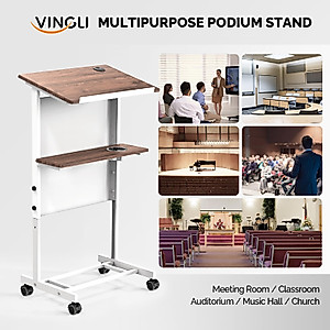 VINGLI Portable Podium Stand, Height Adjustable Lectern Podium with Shelf for Reports, Mobile Stand Up Lectern, Rolling Pulpits for Church with Edge Stopper (White/Brown, 24'' Wide)