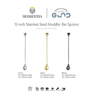 Homestia 2 in 1 Drink Stirrer Stainless Steel Long Spoon, Golden Cocktail Spoon Long Handle Muddler Spoon, 12" Mixing Spoons Cocktail Stirrers for Drinks, with Droplet-Shaped Muddler for Cocktails