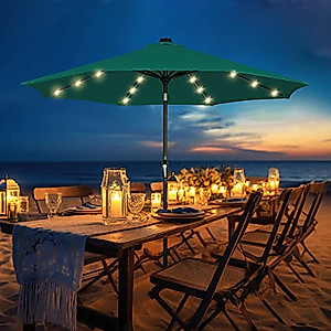 Tempera 9 ft Outdoor Market Umbrella 40 LED Lighted Patio Umbrella with Push Button Tilt and Crank, Solar Umbrella with Sturdy Pole&Fade Resistant Canopy, Easy to Set, Forest Green