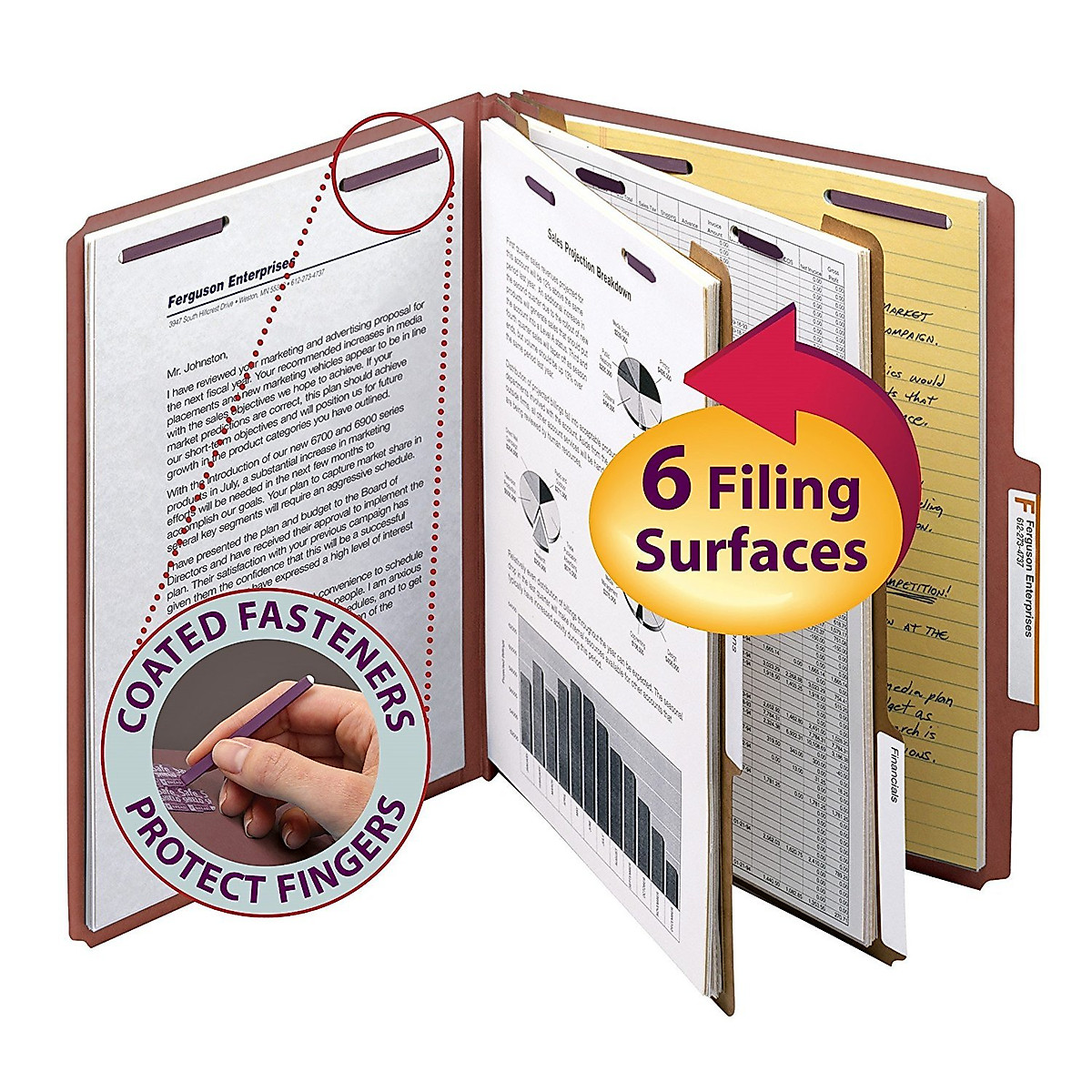 Smead Pressboard Classification File Folder with SafeSHIELD Fasteners, 2 Dividers, 2" Expansion, Letter Size, Red, 10 per Box (14075)