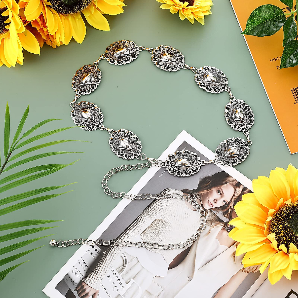 Fumete Western Metal Concho Chain Belt for Women Western Cowgirl Belts Adjustable Country Belts for Jeans or Dresses (Sweet Style)