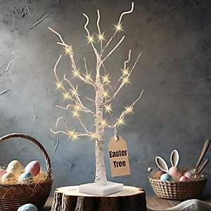 Alfanite Lighted Birch Tree with LED Lights for Indoor Decor, 2FT White Christmas Tree, Artificial Tree with Battery Powered Timer for Winter Wedding Home Mantle Table Top Centerpieces Easter Decor