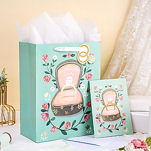 WRAPAHOLIC 13" Large Gift Bags with Card and Tissue Paper - Diamond Ring Design for Weddings, Engagements, Bridal Showers, Gift Wrap