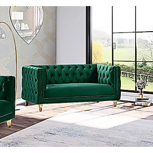 Meridian Furniture 652Green-L Michelle Collection Modern | Contemporary Loveseat with Deep Button Tufting, Nailhead Trim and Sturdy Gold Iron Legs, 66" W x 34" D x 30" H, Green