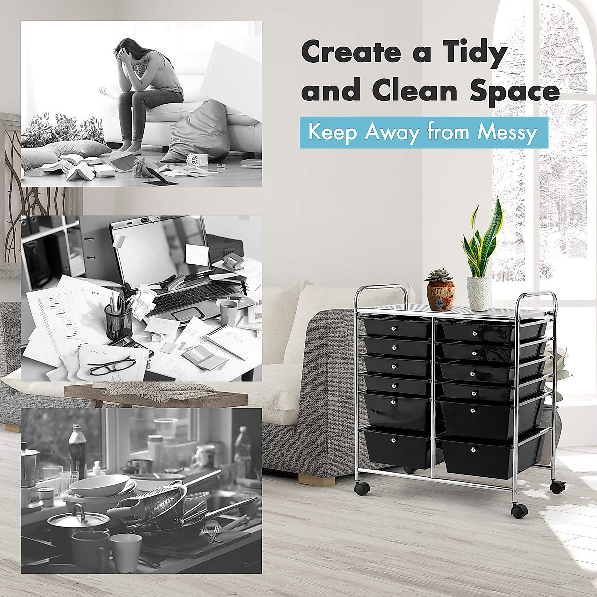 RELAX4LIFE Storage Cart W/12 Drawers Rolling Wheels Semi-Transparent Multipurpose Mobile Rolling Utility Cart for School, Office, Home, Beauty Salon Files Arrangement Storage Organizer Cart (Black)