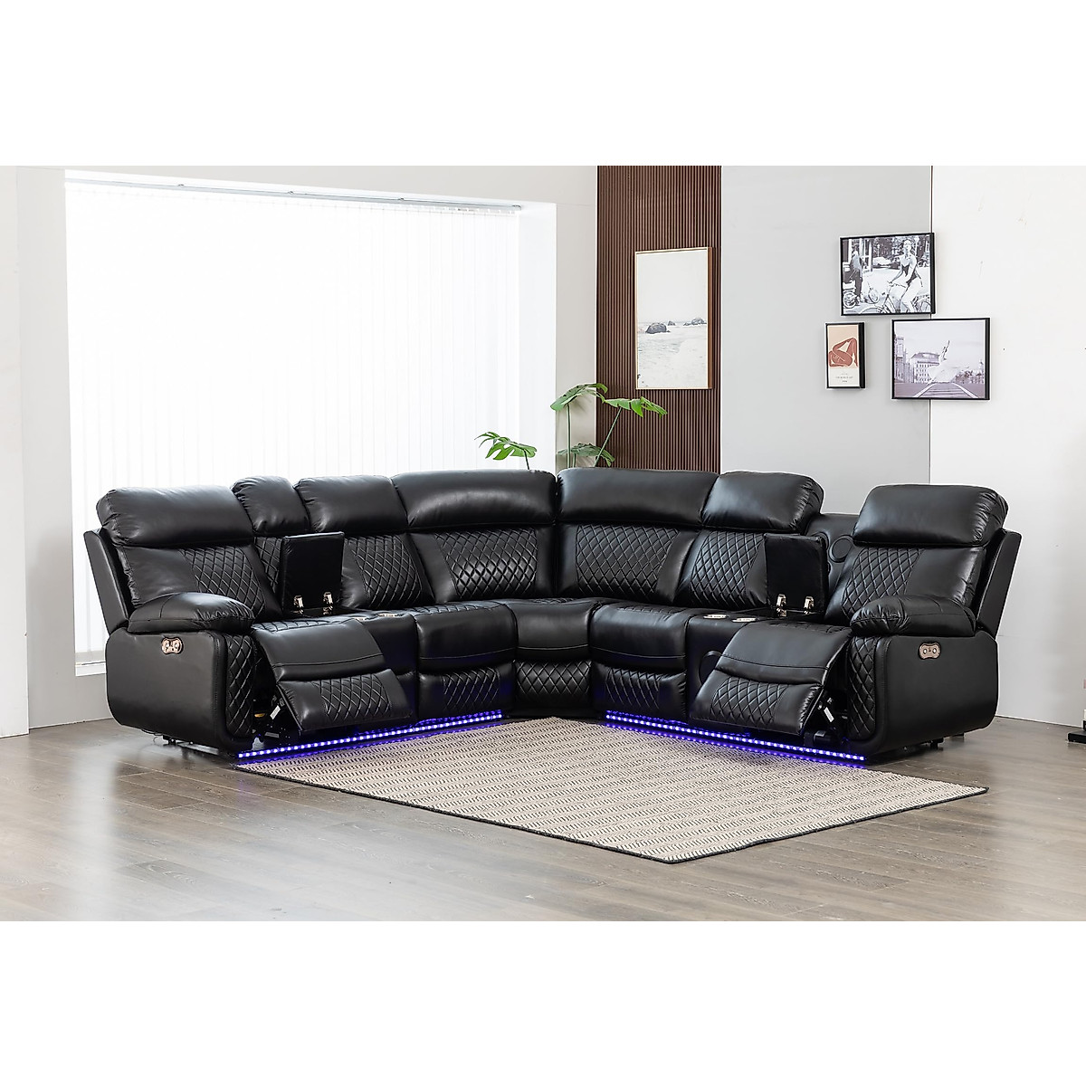 Power Recliner Sofa Sectional Couches with Speaker LED Light Strip Cup Holders Console Table Storage for Home Theater Living Room Office