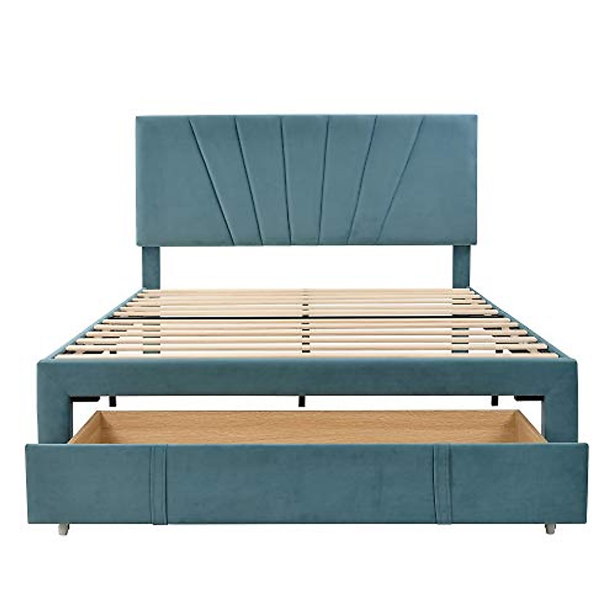 Lifeand Queen Size Storage Bed Velvet Upholstered Platform Bed with a Big Drawer - Blue