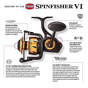 PENN Spinfisher VI Spinning Inshore Fishing Reel, HT-100 Front Drag, Max of 20lb | 9.0kg, Made with an All-Metal Reel Body and Spool Design, 4500, Black Gold