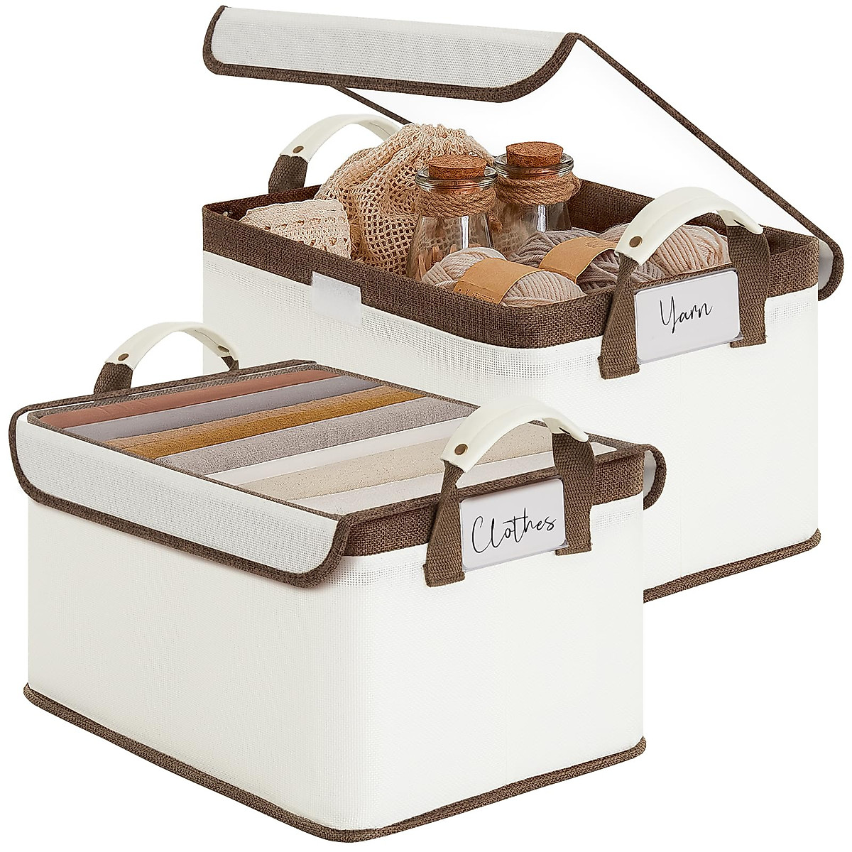 LoforHoney Home Storage Bins with Lids, Large Storage Basket with Handles for Shelves, Foldable Fabric Storage Box with Metal Frame for Home,Office, Beige,2-Pack