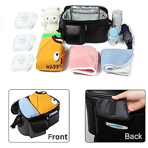 Universal Stroller Organizer with Insulated Cup Holder Detachable Phone Bag & Shoulder Strap, Fits for Stroller Like Uppababy, Baby Jogger, Britax, BOB, Umbrella and Pet Stroller (Black)