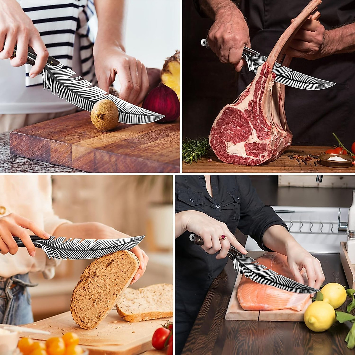 AIRROAD Feather Carving Knife,8 inch Boning Butcher Knife for Meat Cutting, Hand Forged High Carbon Steel Viking Fillet Knife for Brisket Outdoor Camping BBQ Cooking Knife with Sheath Gift for Dad