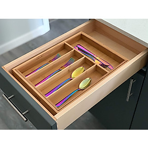 Expandable Drawer Organizer By Kozy Kitchen| 100% Organic Bamboo| Premium Cutlery and Utensil Tray| Perfect For The Kitchen, Bathroom, Desk, etc.| Adjustable Kitchen Drawer Divider with 7 Compartments