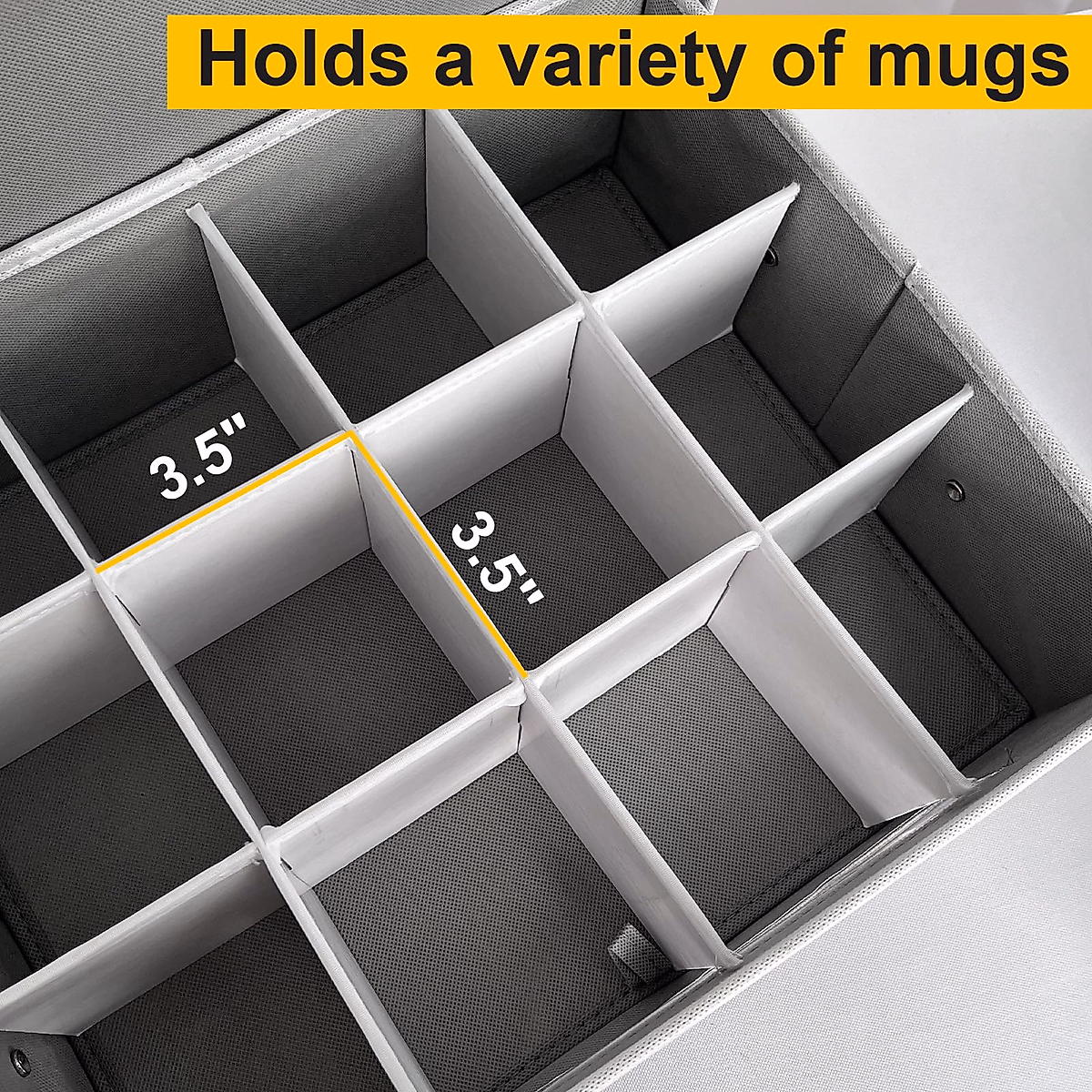 2 Pack China Storage Containers Set, Coffee Mug and Wine Glass Storage Box with Dividers, Cup and Stemware Storage Cases Organizer for 12 Tea Cups & 12 Crystal Glassware Moving and Protection (Grey)