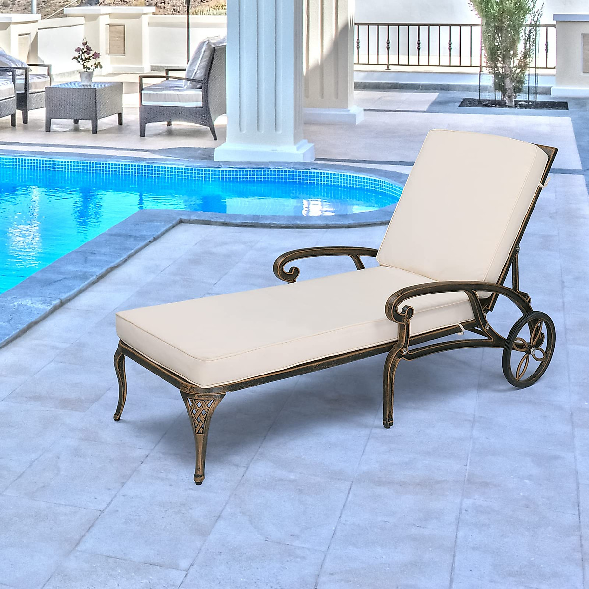 VINGLI Cast Aluminum Outdoor Chaise Lounge Chair with Wheels, Patio Chaise Lounge with 3-Position Adjustable Backrest, Outdoor Tanning Chair Patio Lounge Chair (Bronze, with Cushion)