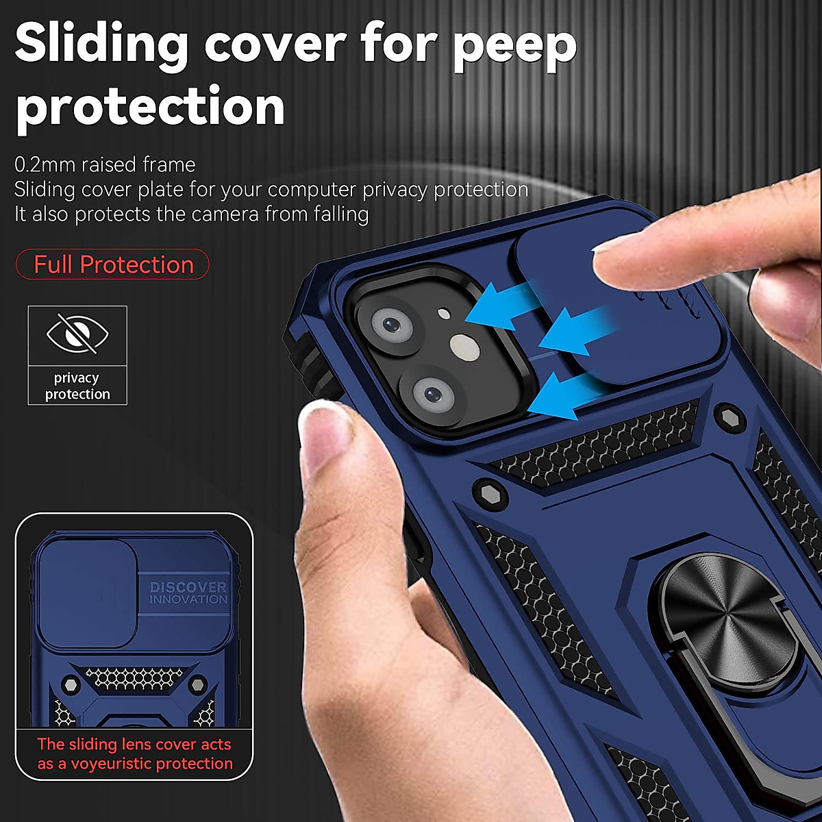 for iPhone 11 Case with Camera Lens Cover HD Screen Protector, Dual Layer [15 FT Military Grade Drop Protection] Magnetic Ring Holder Kickstand Protective Phone Case for iPhone 11 6.1 inch (Navy Blue)