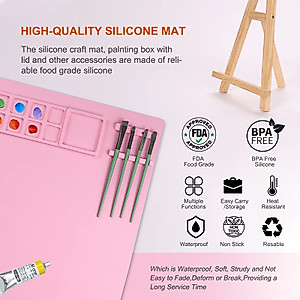 Queceuy Silicone Painting Mat，20"X16"Silicone Art mat with 1 Water Cup ，Handmade erasable Washable，for Resin, DIY, Clay, Play Doh Silicone Drawing mat for Children（Pink）