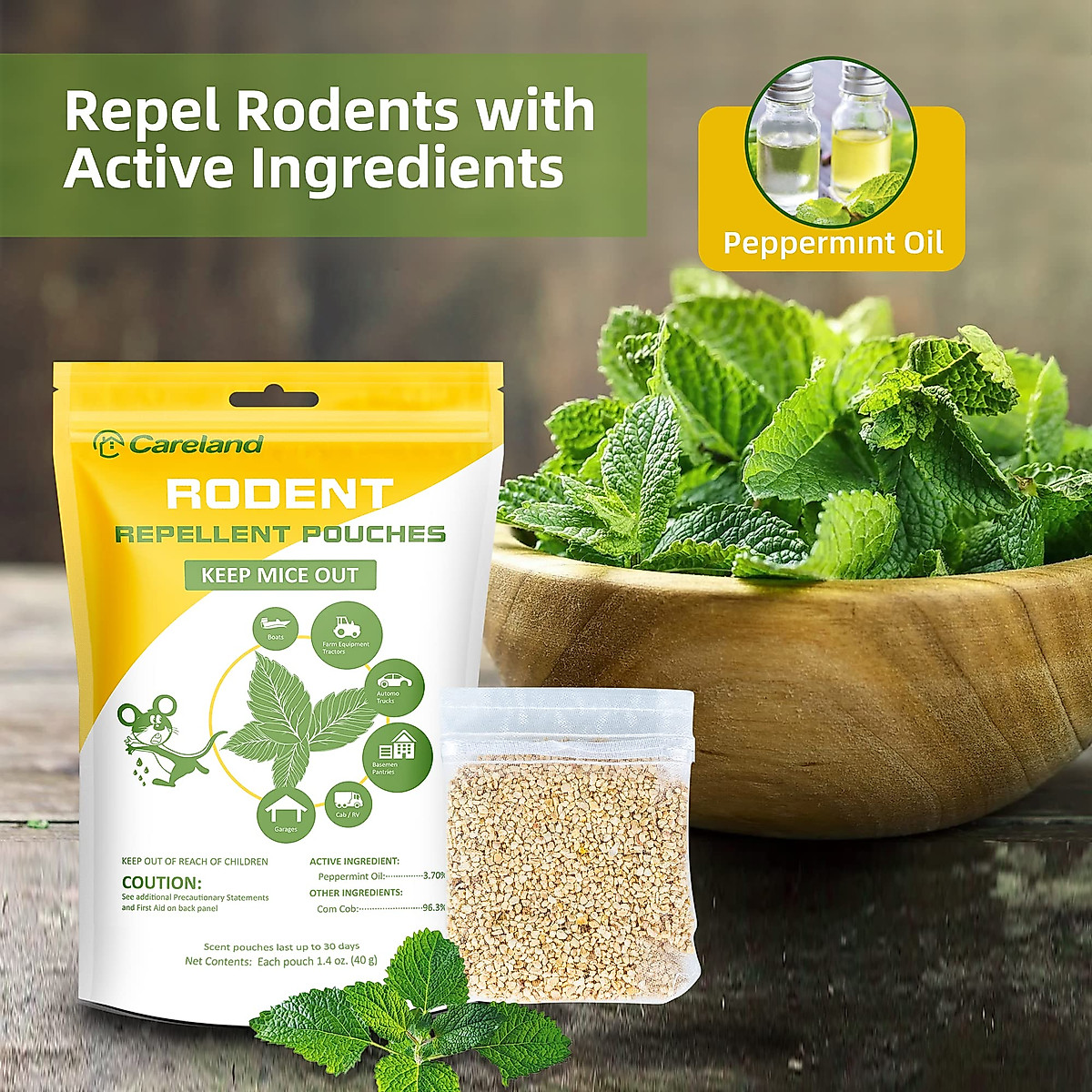 Careland Rodent Repellent Pouches Mouse Repellent, Natural Pest Repeller for Indoor, Peppermint Oil to Repel Rodents, Mice, Rats & Other Pests - 8 Pouches
