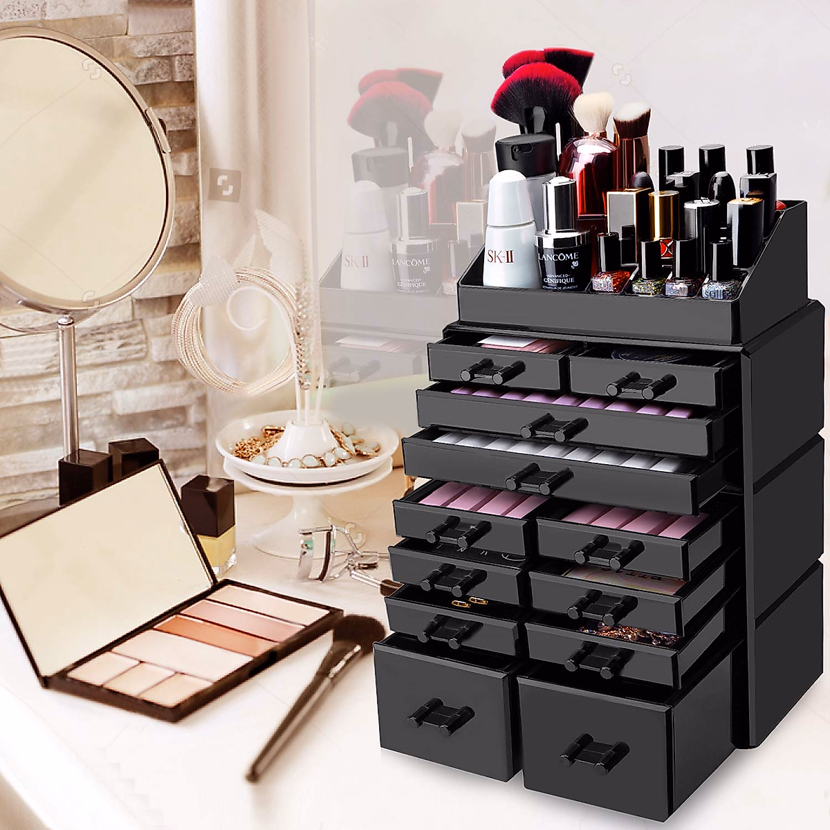 HBlife Makeup Organizer Acrylic Cosmetic Storage Drawers and Jewelry Display Box with 12 Drawers, 9.5 x 5.4 x15.8 Inches, Black