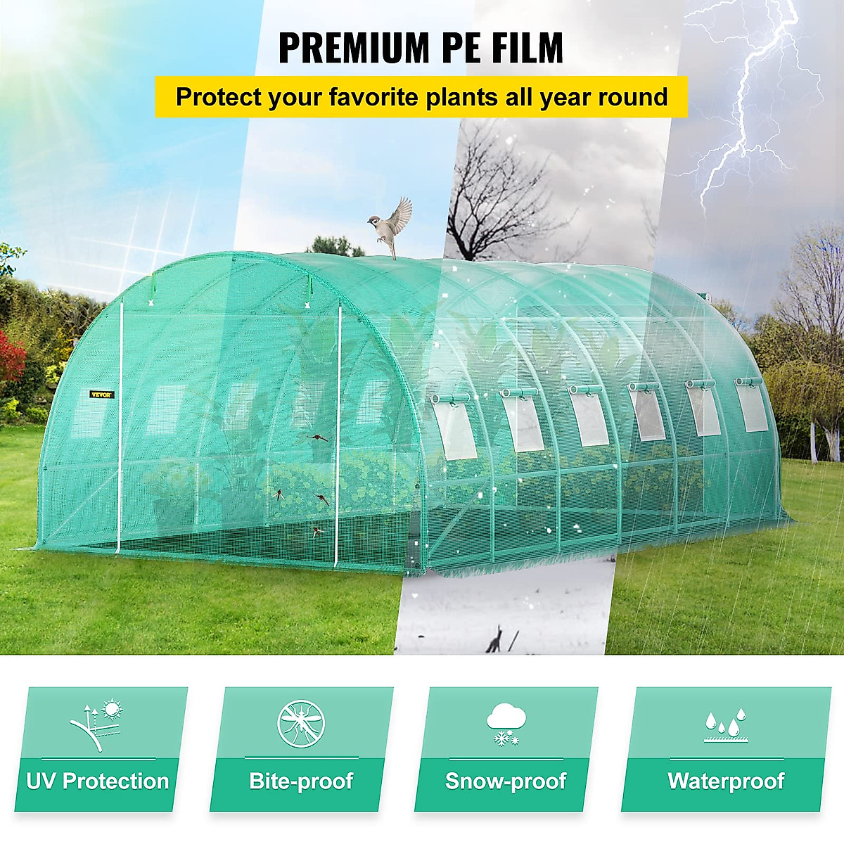 VEVOR Walk-in Tunnel Greenhouse, 20 x 10 x 7 ft Portable Plant Hot House w/Zippered Door, 12 Roll-up Windows, Galvanized Steel Hoops, 3 Top Beam, and 4 Diagonal Poles, Green