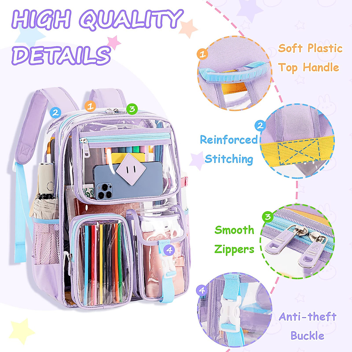 PIG PIG GIRL Clear Backpack for School,Heavy Duty PVC Transparent Bookbag for Girls Stadium Approved See Through Backpack for Women for College Work Travel Festival,Purple and Blue