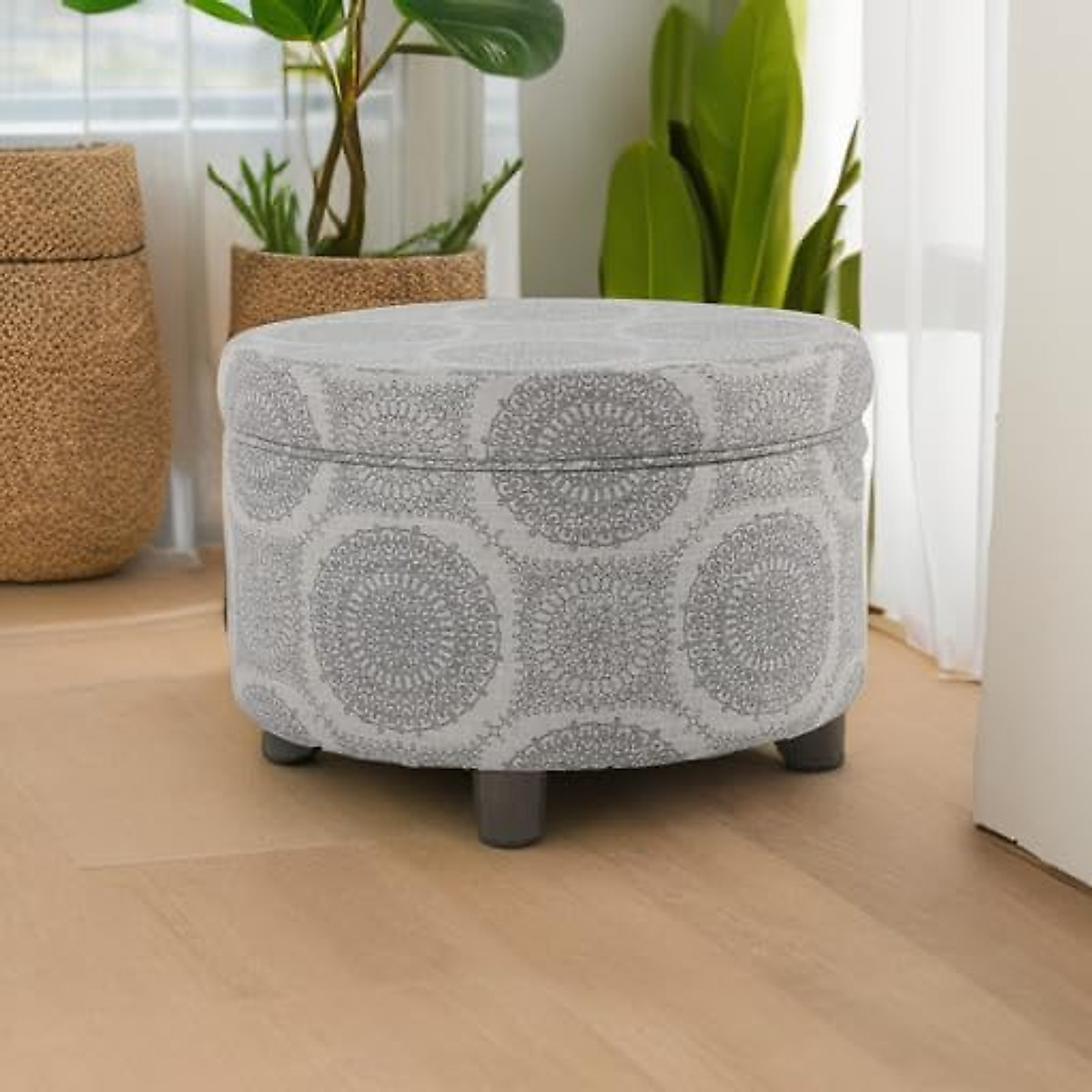 Homepop Home Decor | Upholstered Round Storage Ottoman | Ottoman with Storage for Living Room & Bedroom (Grey Medallion) 24.0 In. X 24.0 In. X 17.0 In.