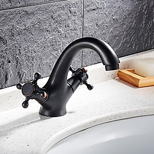 ZYCDP Bathroom Sink Faucets Vintage Bathroom Sink Faucet 1 Hole 2 Handles Double Cross Knobs Hot and Cold Bathroom Sink Faucet Black Antique, A