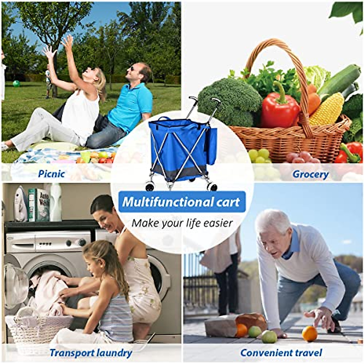 Supenice Folding Grocery Shopping Cart Rolling Utility Cart with 360° Double Front Swivel Wheels Waterproof Removable Canvas Bag with Cover for Laundry Grocery, Shopping, Baggage, Picnic (Blue)