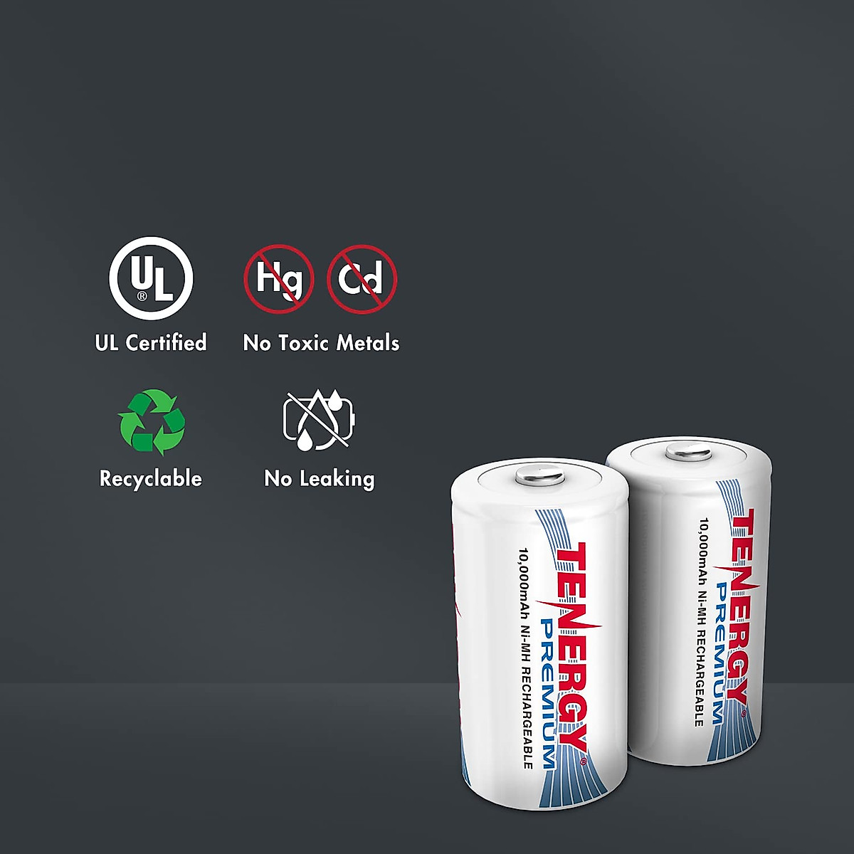 Tenergy Premium Rechargeable D Batteries and T9688 LCD Smart Battery Charger for NiMH/NiCd AA/AAA/C/D/9V Batteries, 4 Pack 10000mAh D Size Cells and LCD Charger